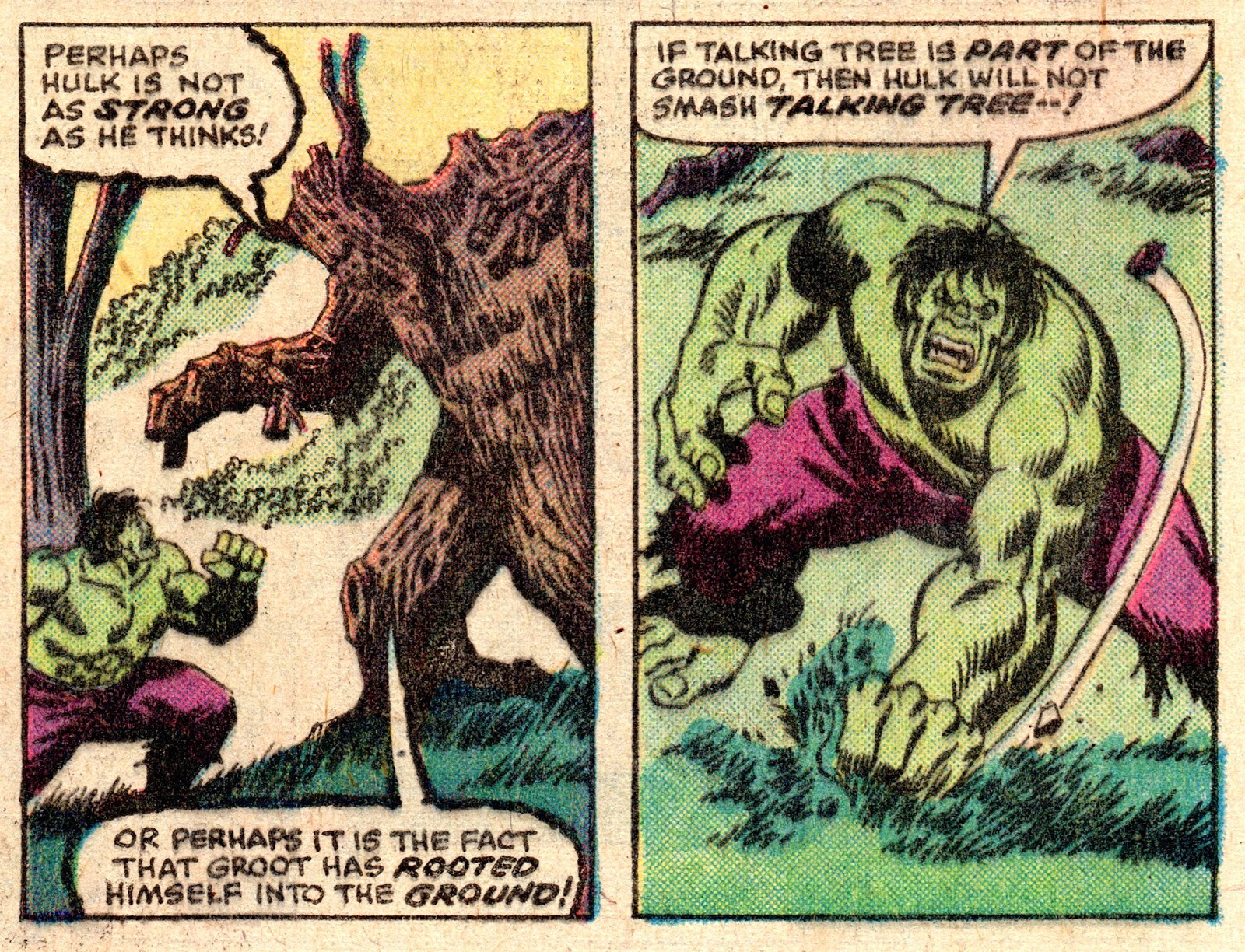 1976 Annual drawn by Sal Buscema – Hulk vs Groot panels | 🎭